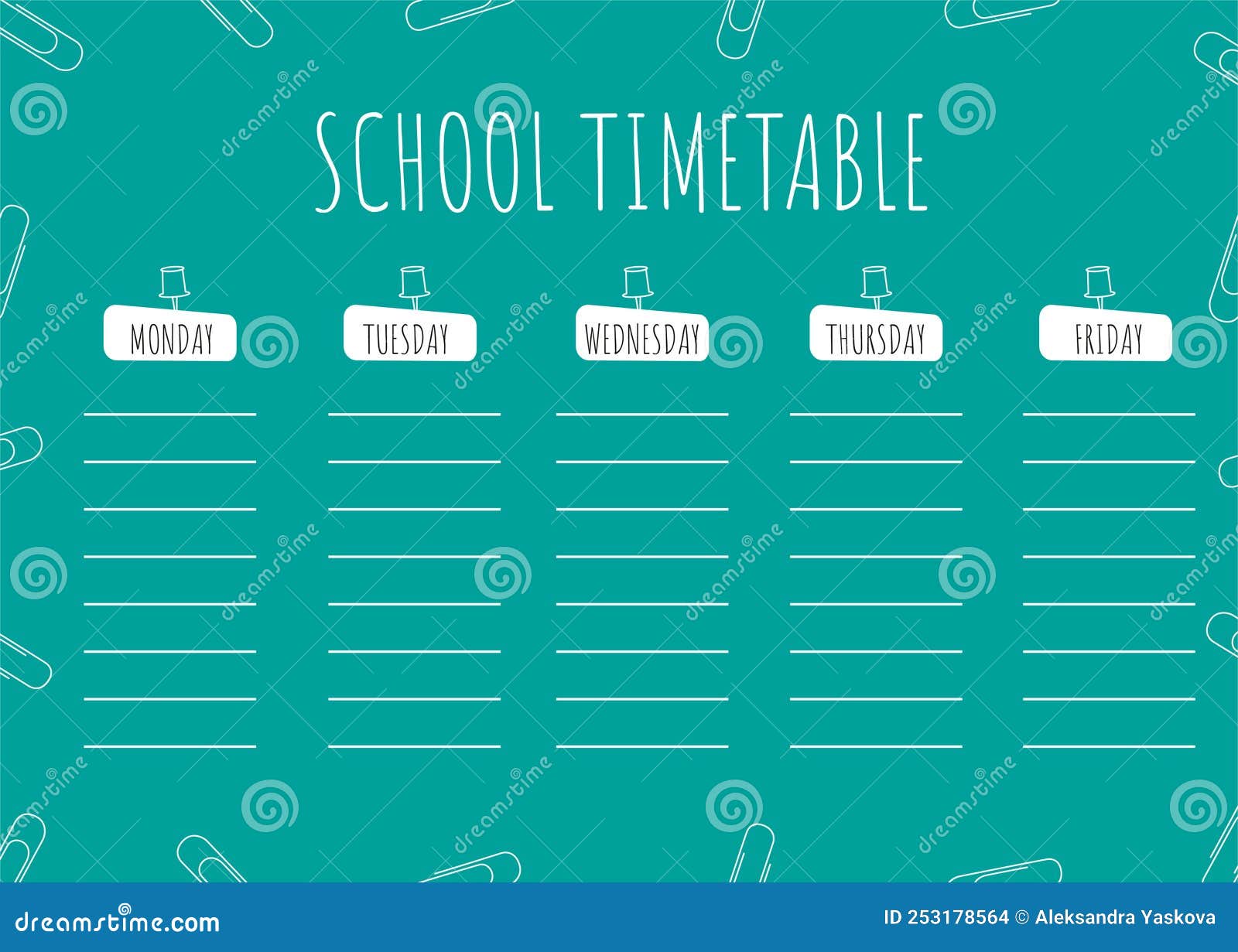 School Timetable Template for Kids with Clips in Line Art Style. Weekly ...