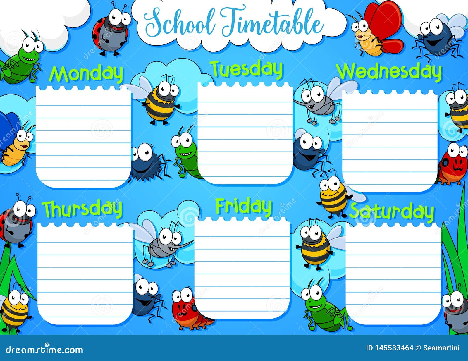 School Timetable Week Schedule, Cartoon Insects Stock Vector ...