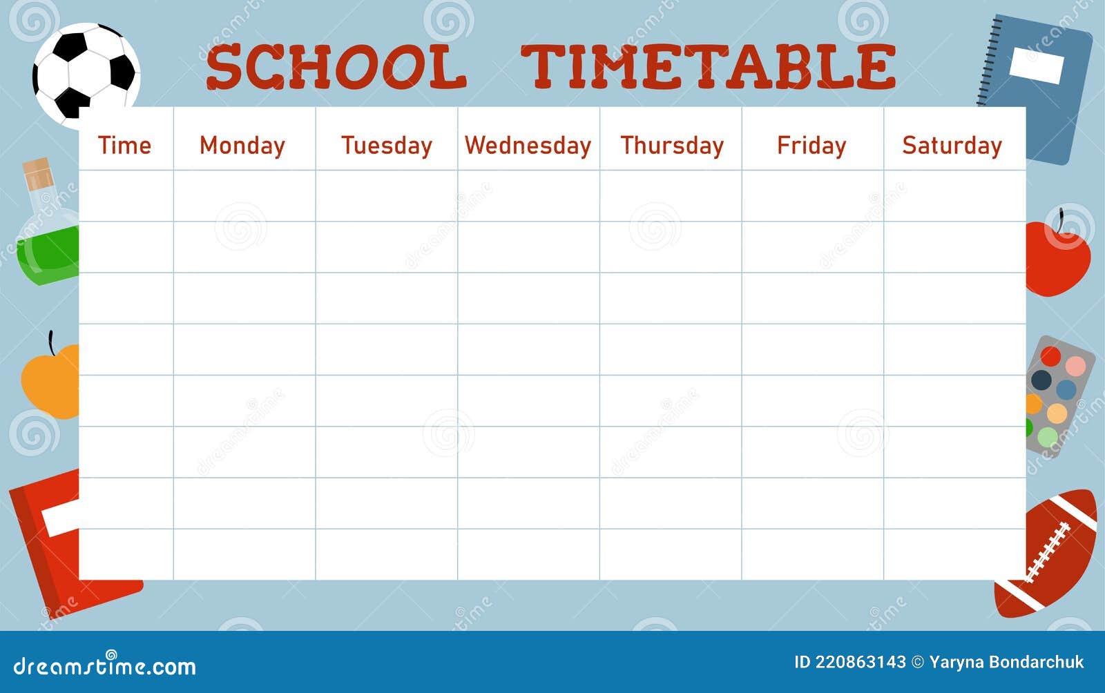 School Timetable for Week Template, Weekly Planner Table. Back To ...