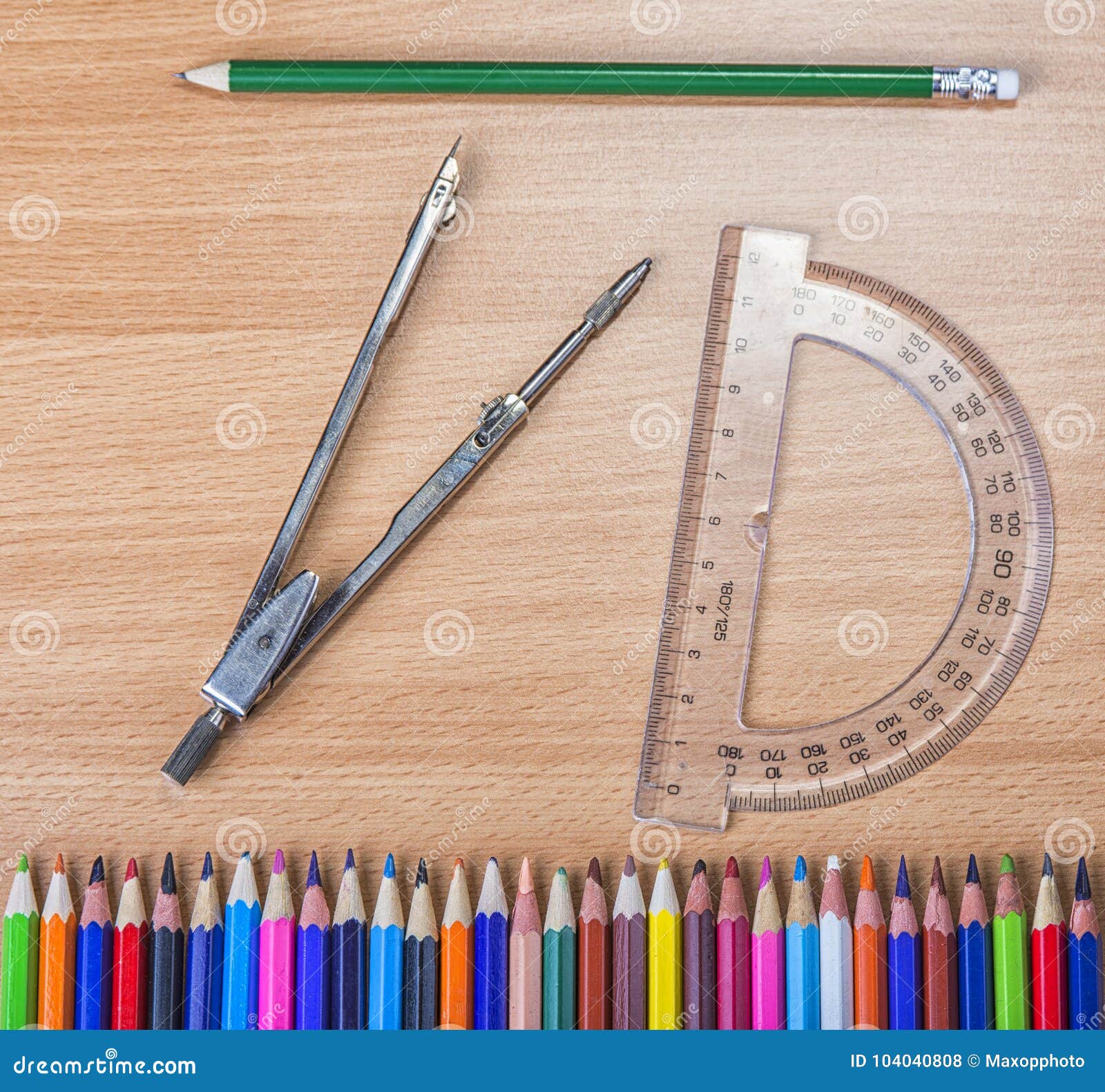 School Tools for Geometry. Compas with Protractor and Pencils. Stock ...
