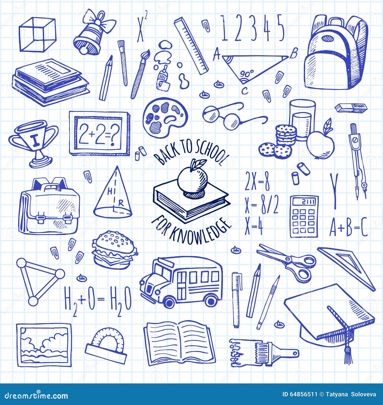 School Tools Sketch Blue Icons Vector Set. Stock Vector - Illustration ...