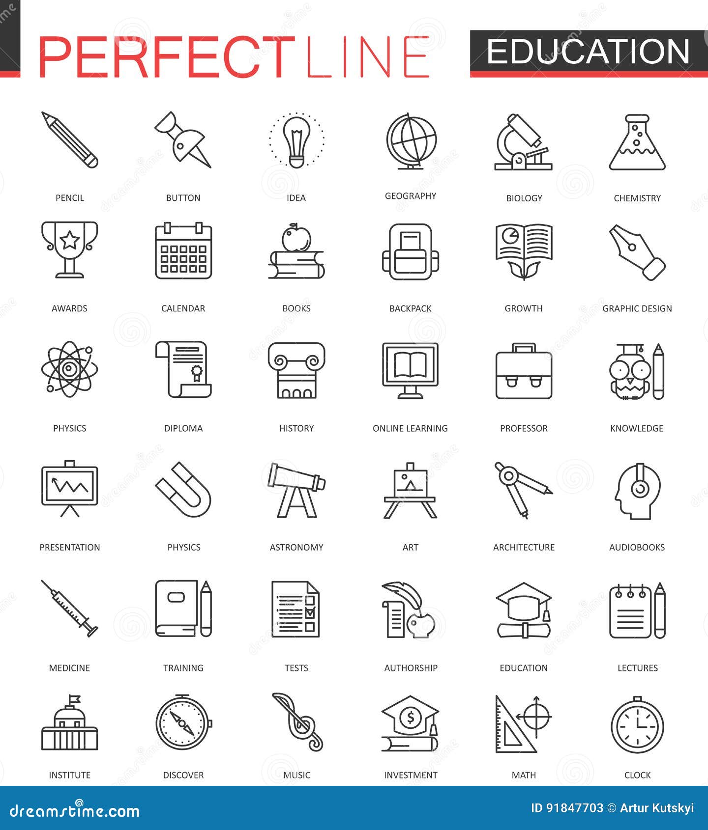 School University Education Thin Line Web Icons Set. Outline Stroke Icon Design. Stock Vector ...