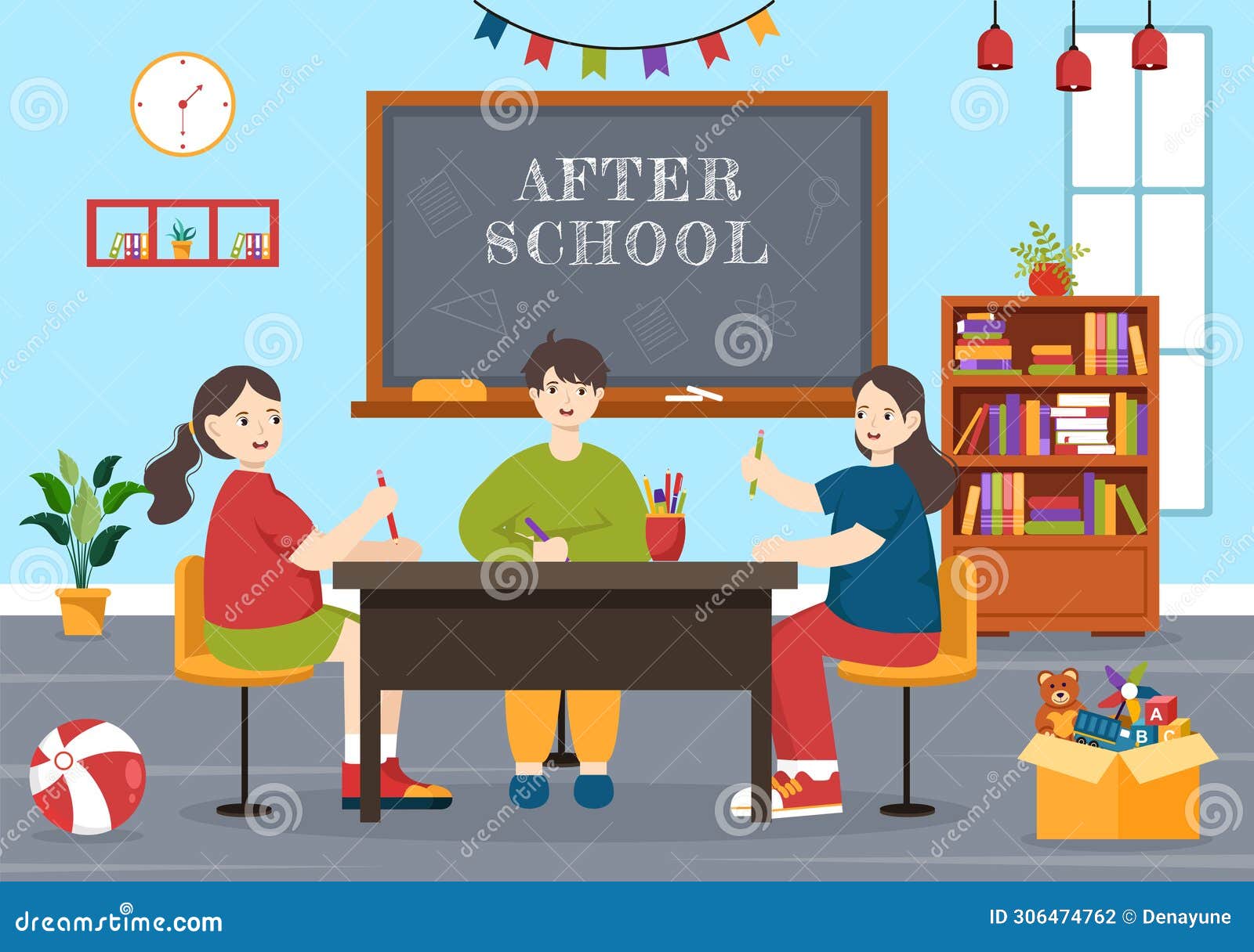 After School Vector Illustration with Students Leave School Building ...