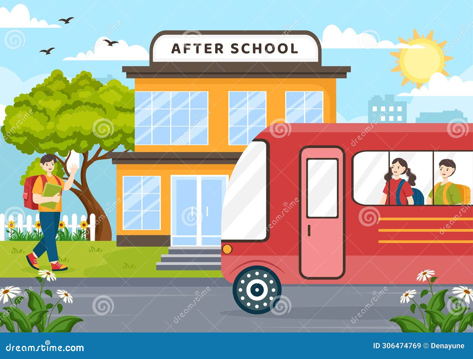 After School Vector Illustration with Students Leave School Building ...