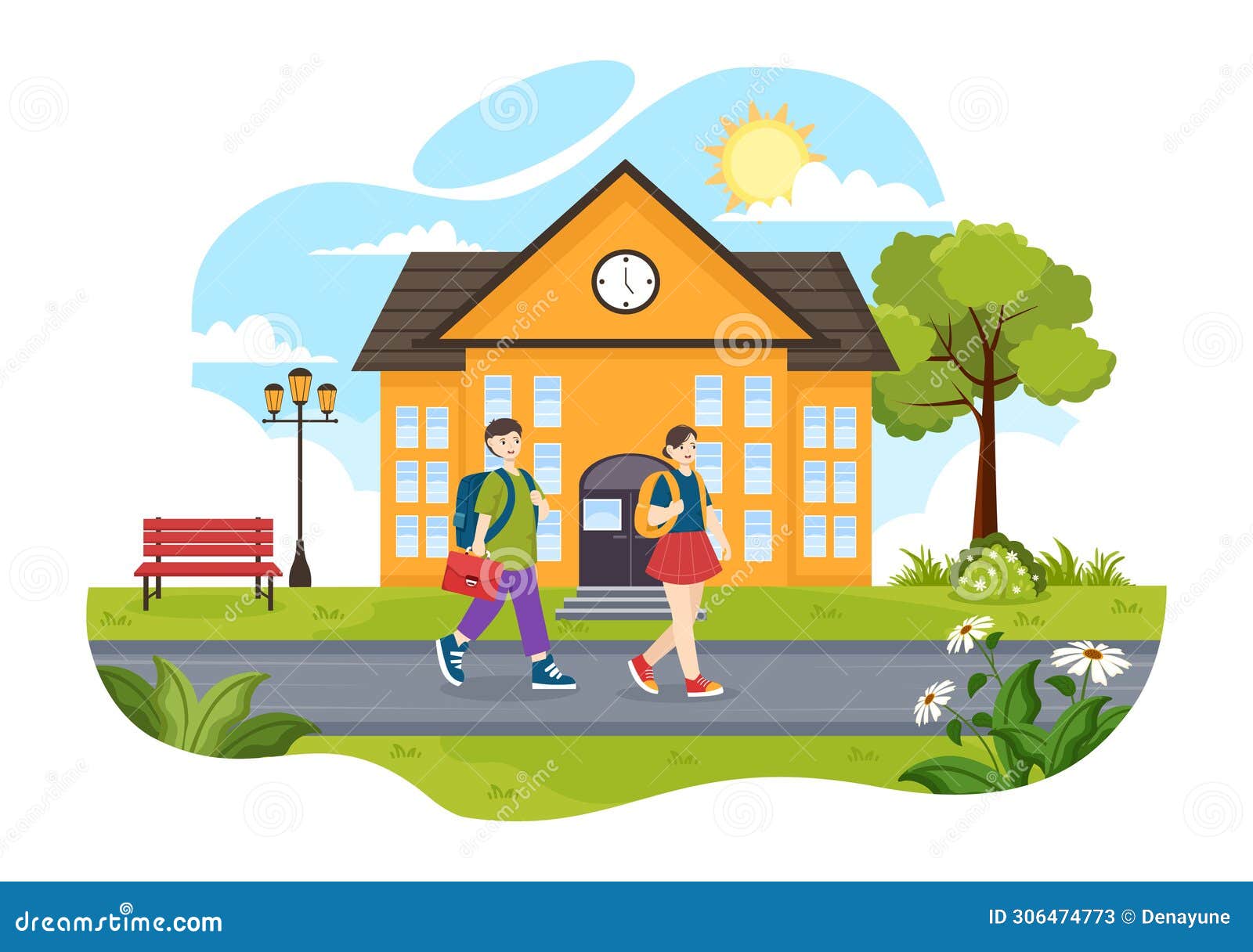 After School Vector Illustration with Students Leave School Building ...