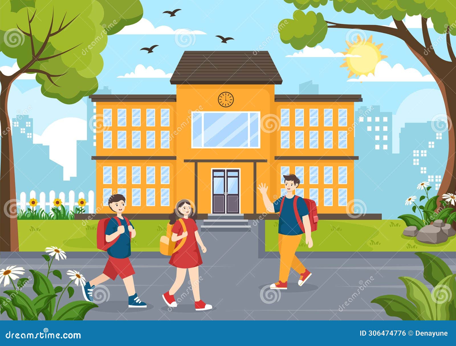 After School Vector Illustration with Students Leave School Building ...