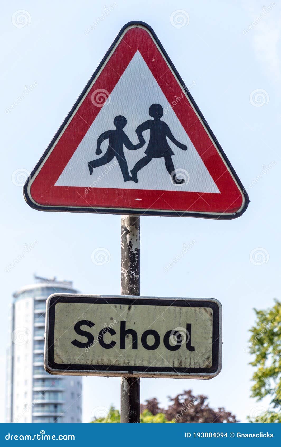 School warning triangle stock photo. Image of roadsafety - 193804094