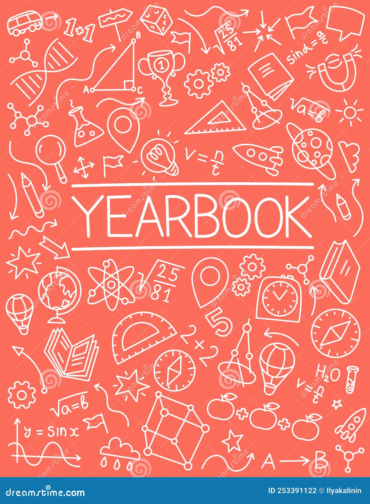 School Yearbook Cover. Sketch Doodle Background. Hand Drawn Vector Line ...