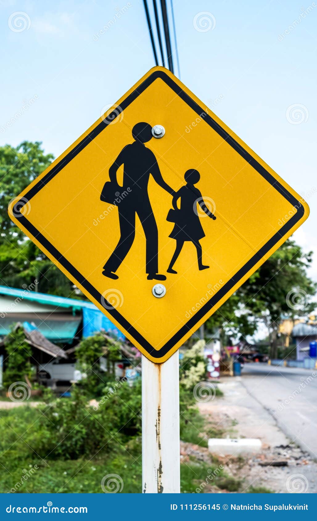 School Zone Sign Post at Countryside Stock Image - Image of street ...