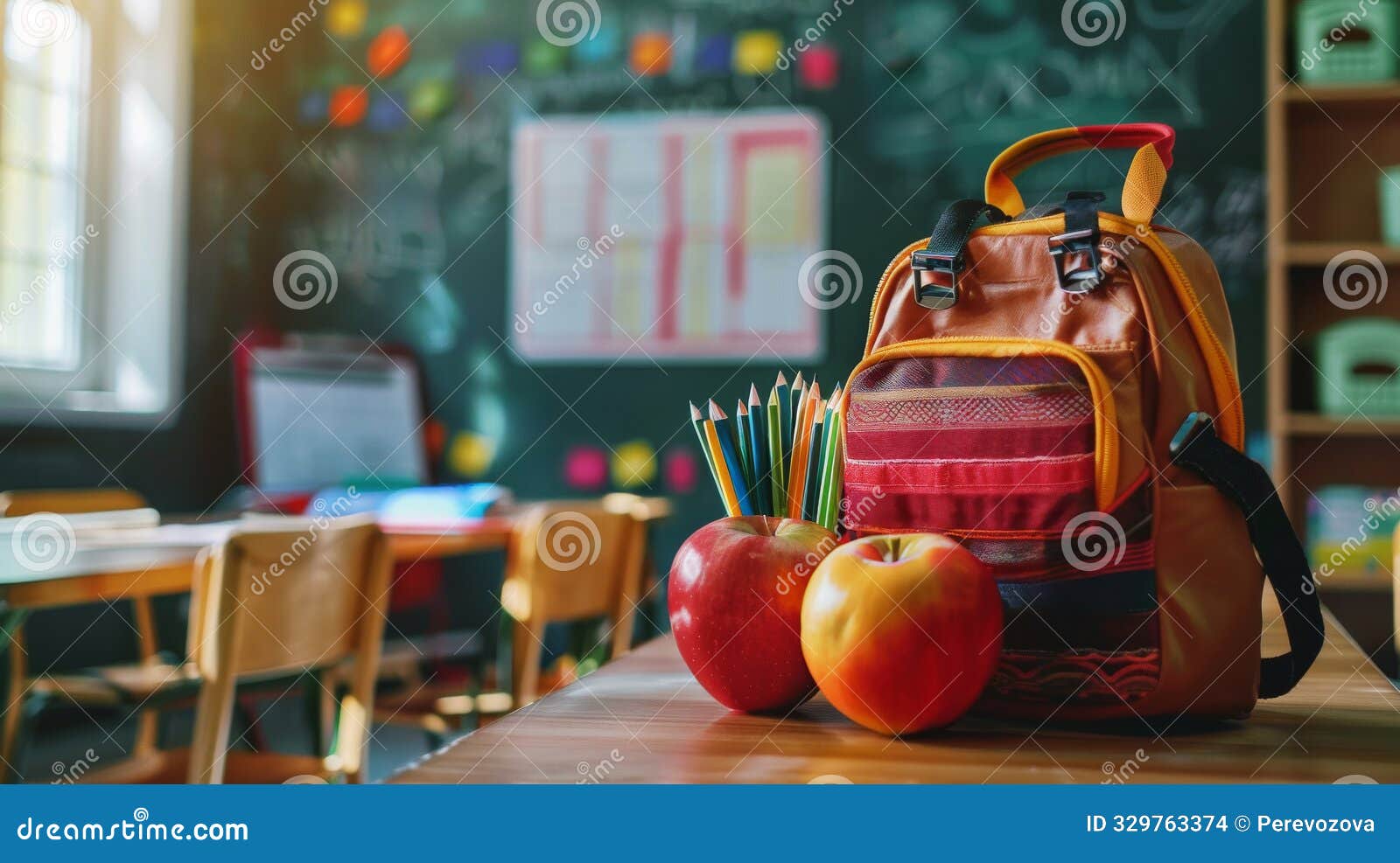 Schoolbag with Snacks on a Table in Classroom in Elementary School ...