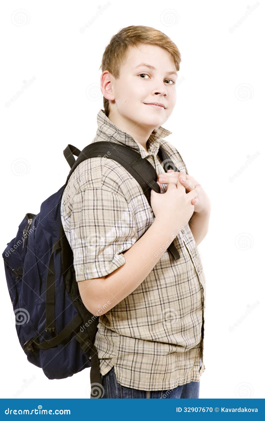Schoolboy with Backpack in a Checkered Shirt Stock Photo - Image of ...