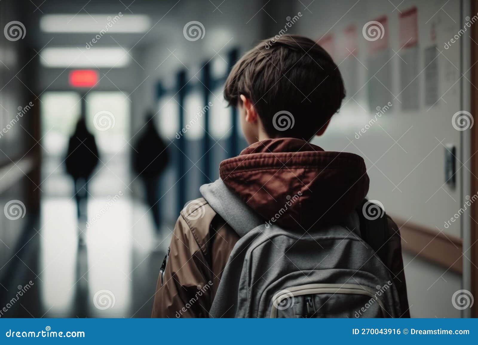 Schoolboy with Backpack in School Corridor. AI Generated. Back View ...