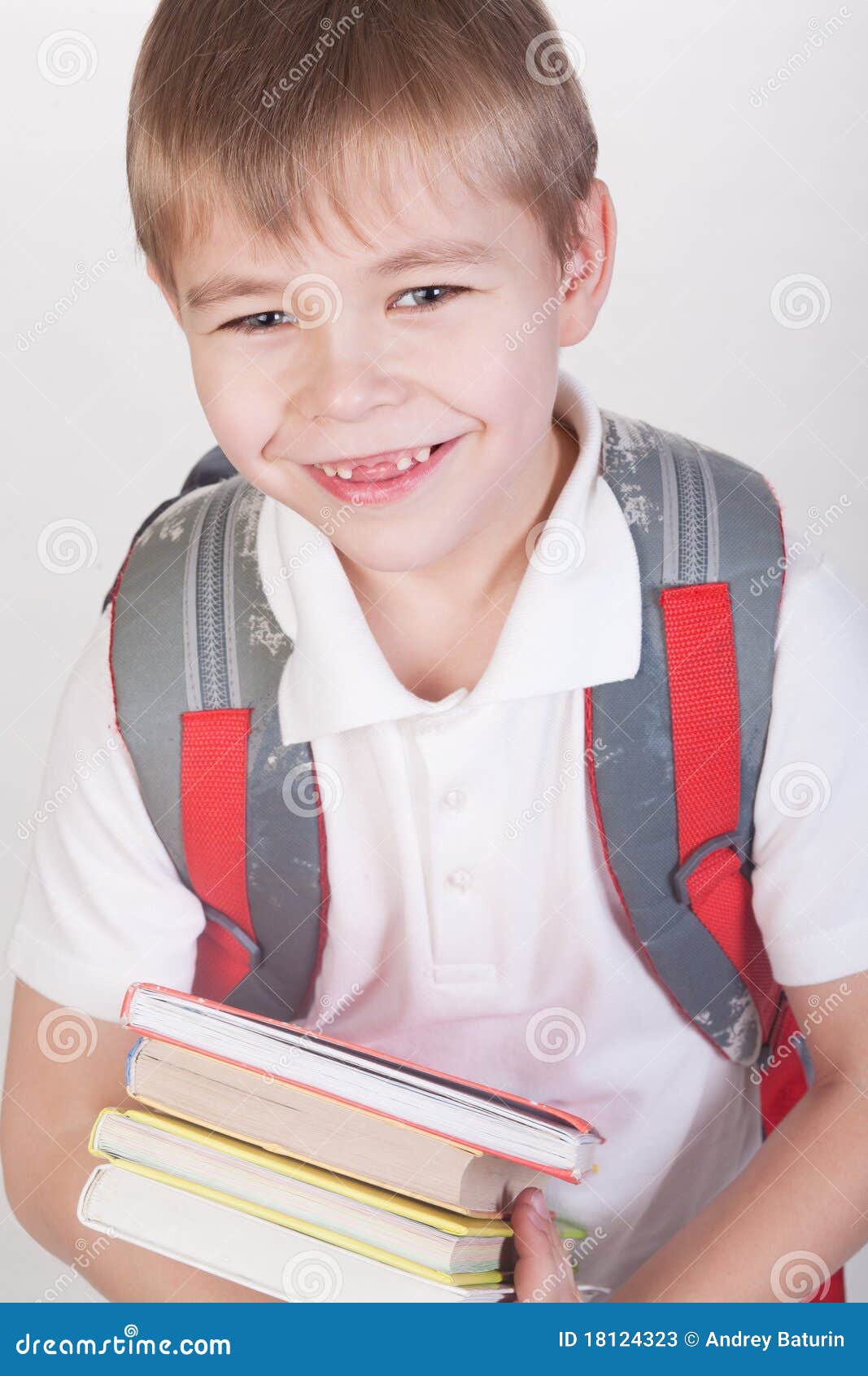 Schoolboy with Books and Backpack Stock Image - Image of studio ...