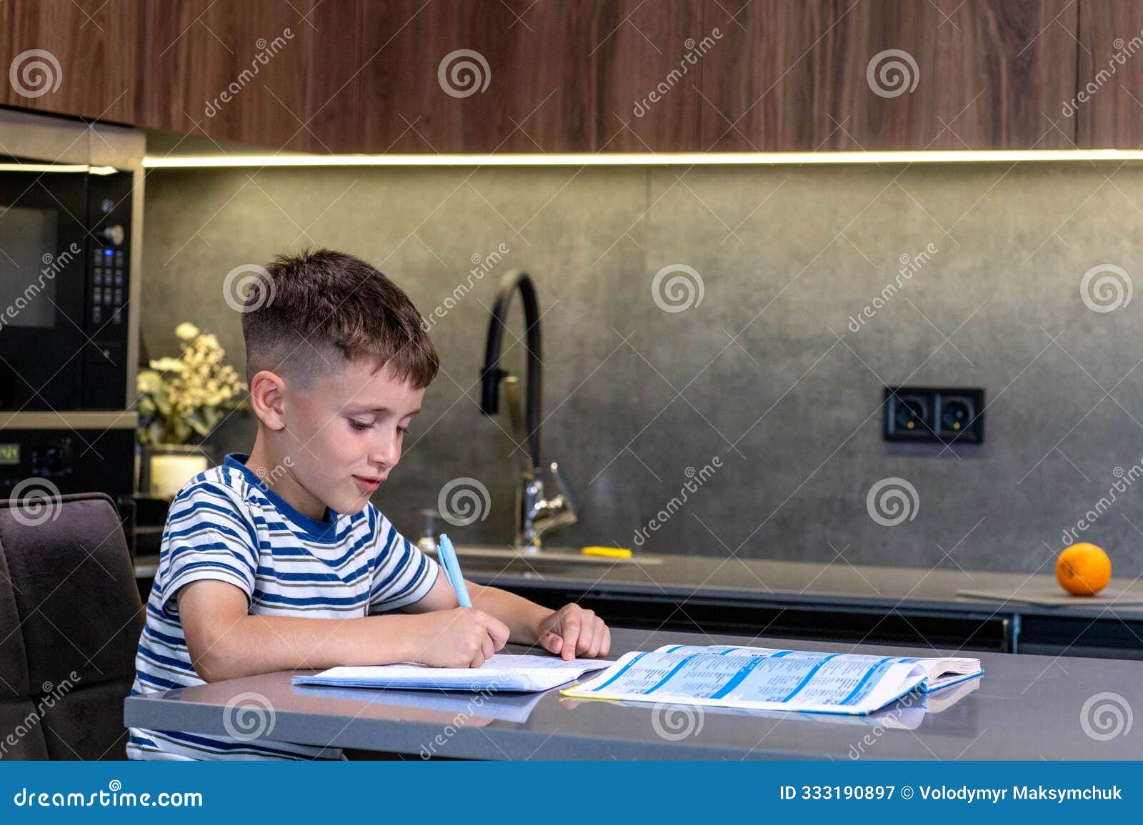 Schoolboy Boy Writes Lessons in the Kitchen. Stock Image - Image of ...