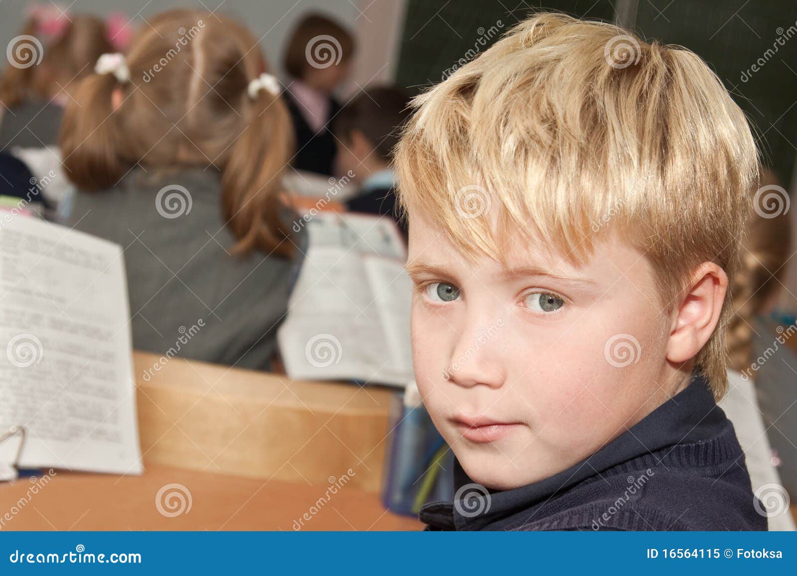 Schoolboy in the classroom stock image. Image of education - 16564115