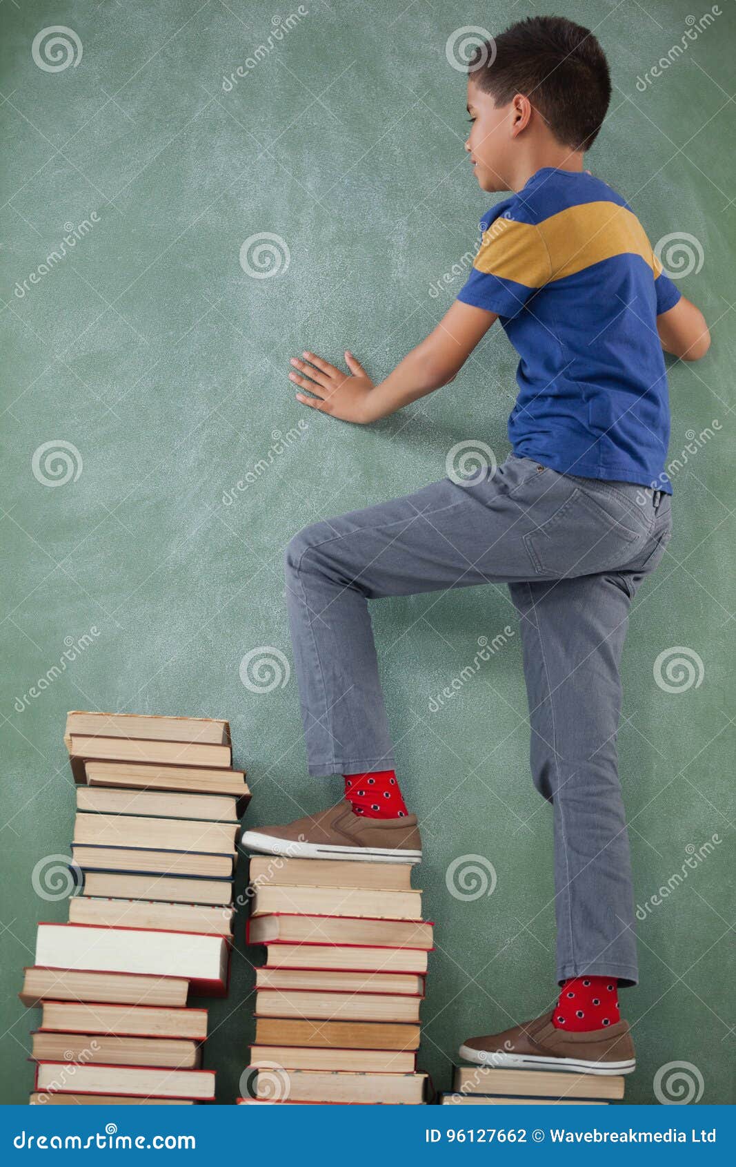 Schoolboy Climbing Steps of Books Stack Stock Photo - Image of ...
