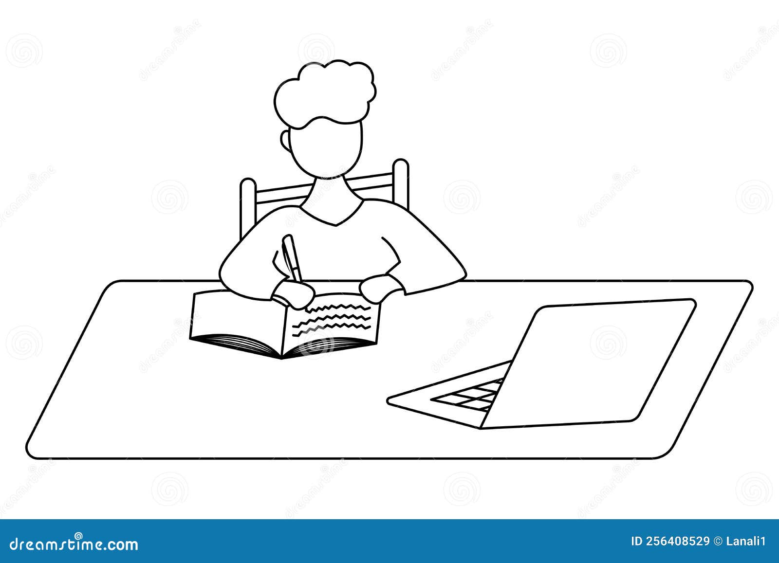 The Schoolboy Does Homework Using a Laptop. Sketch Stock Vector ...