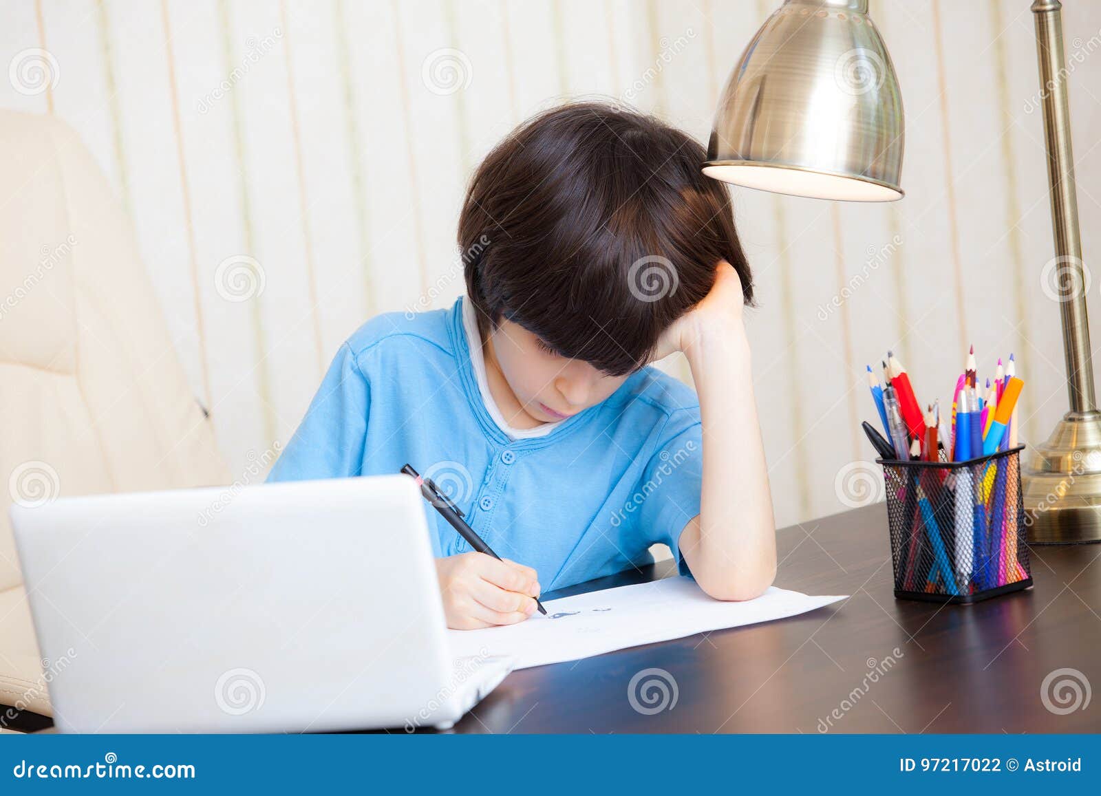 Schoolboy Doing Homework with Notebook Stock Photo - Image of home ...