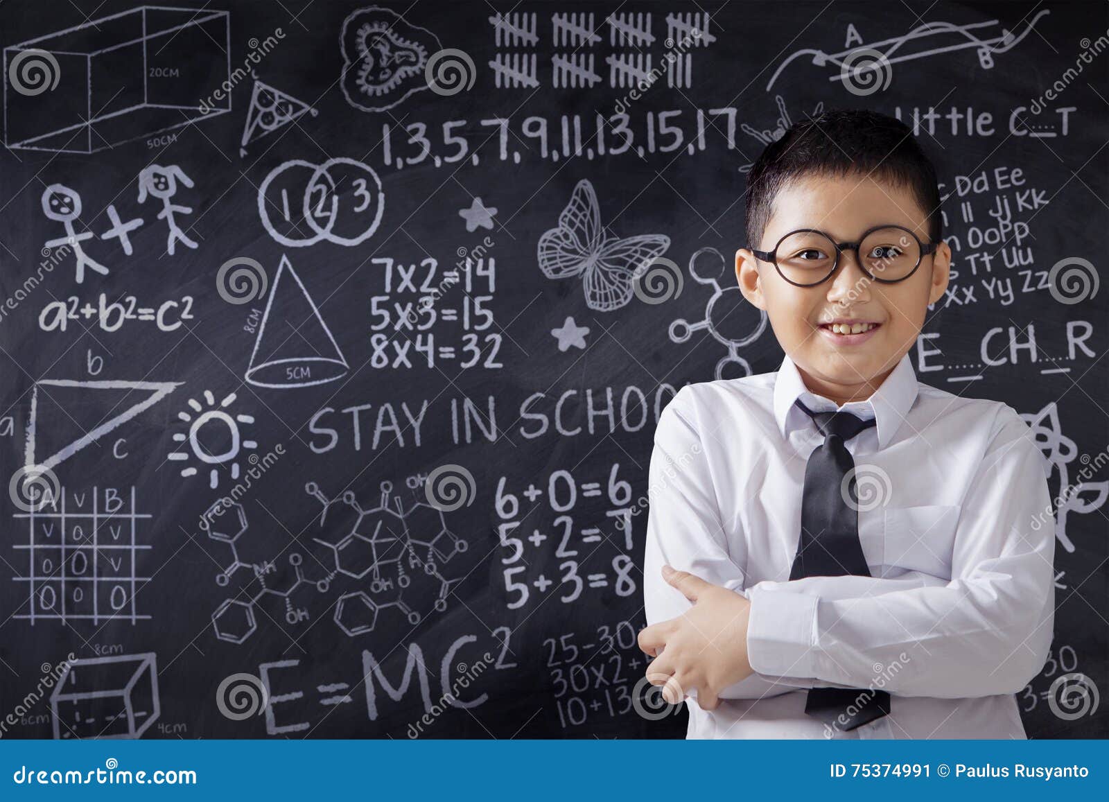 Schoolboy with Doodle on the Chalkboard Stock Image - Image of person ...