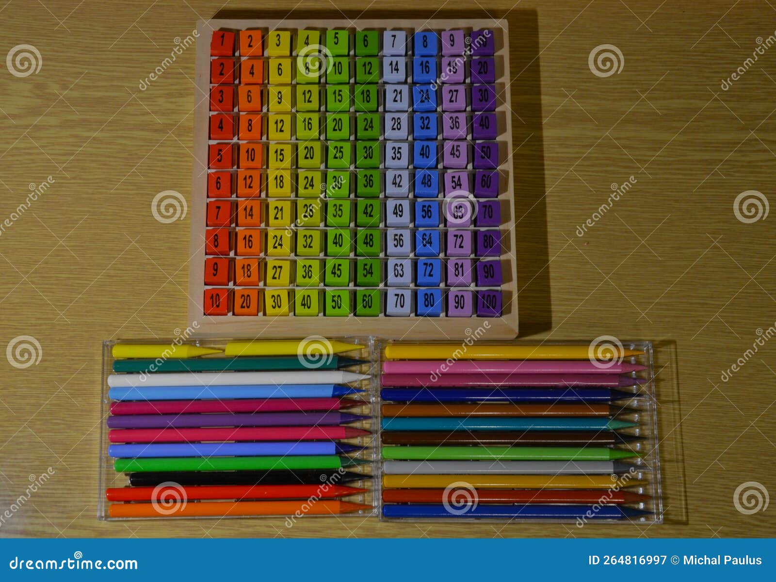Schoolboy Draws with Colored Crayons and Assembles a Stock Image ...