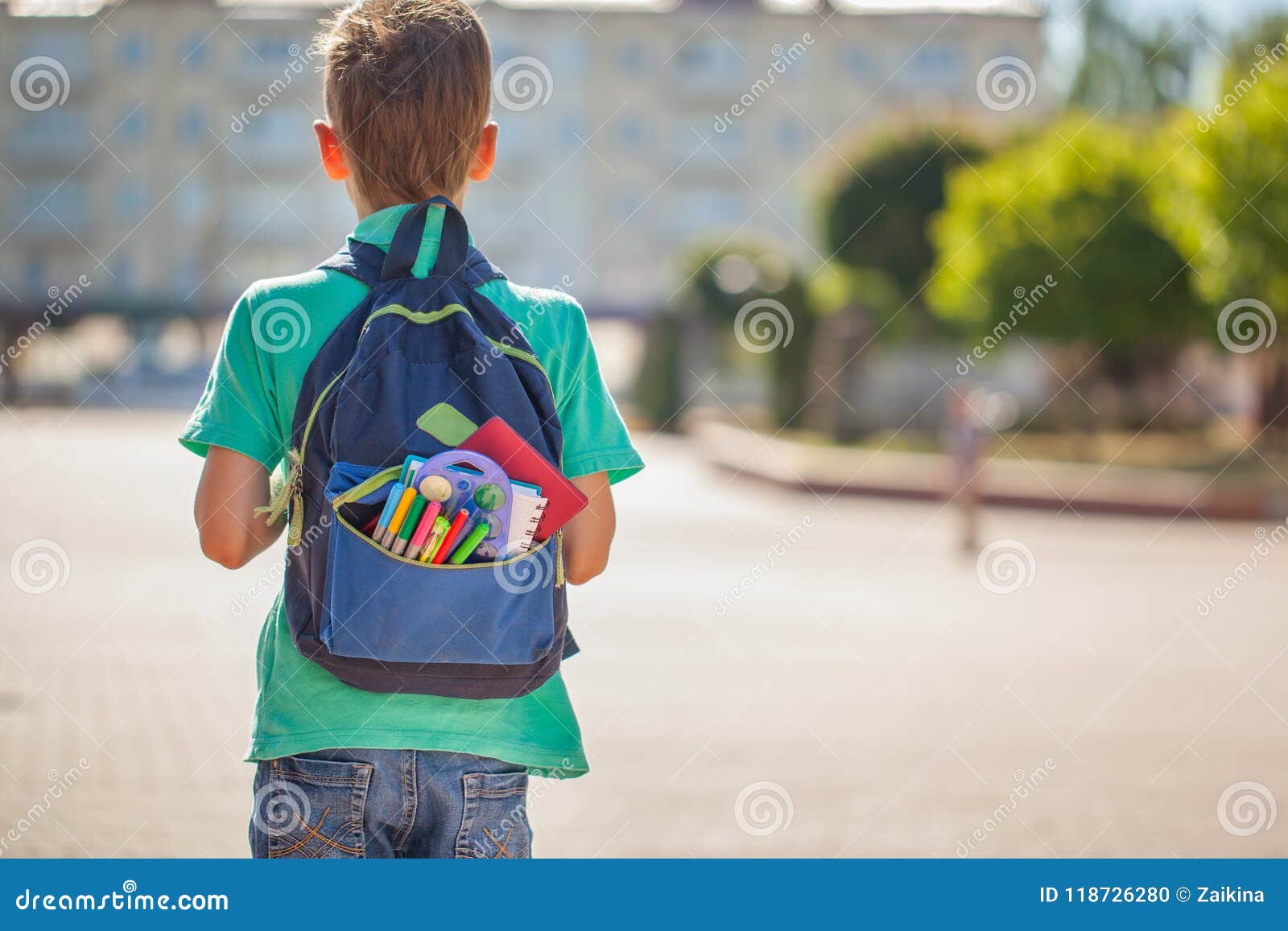 Schoolboy with Full Backpack Go To School. Back View Stock Photo ...