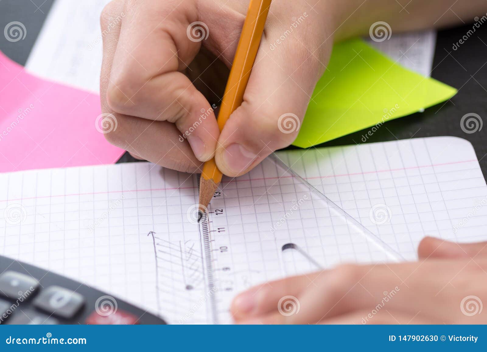 Schoolboy Hands with Ruler Drawing on Paper Stock Photo - Image of ...