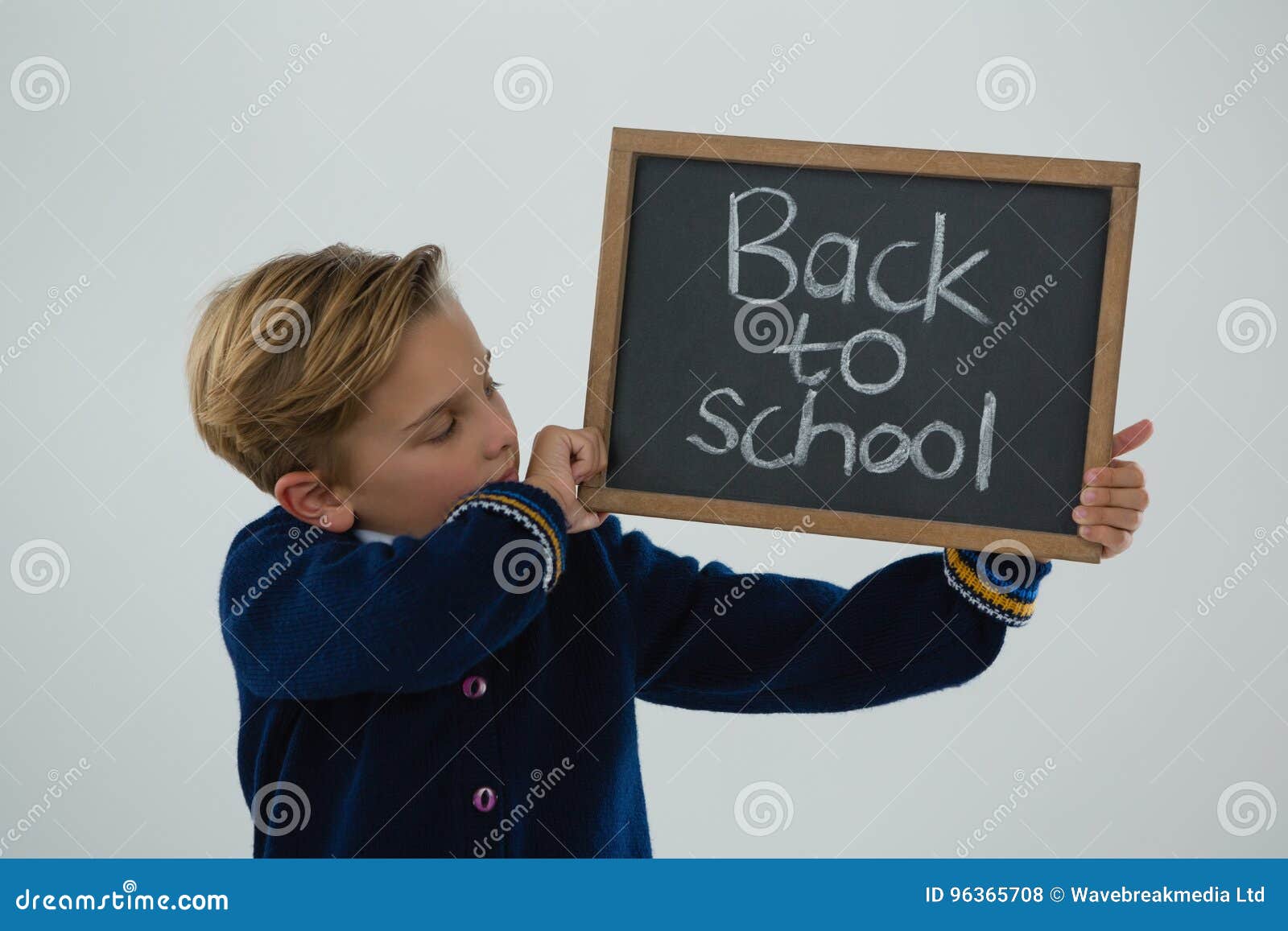 Schoolboy Holding Slate with Text Against White Background Stock Photo ...