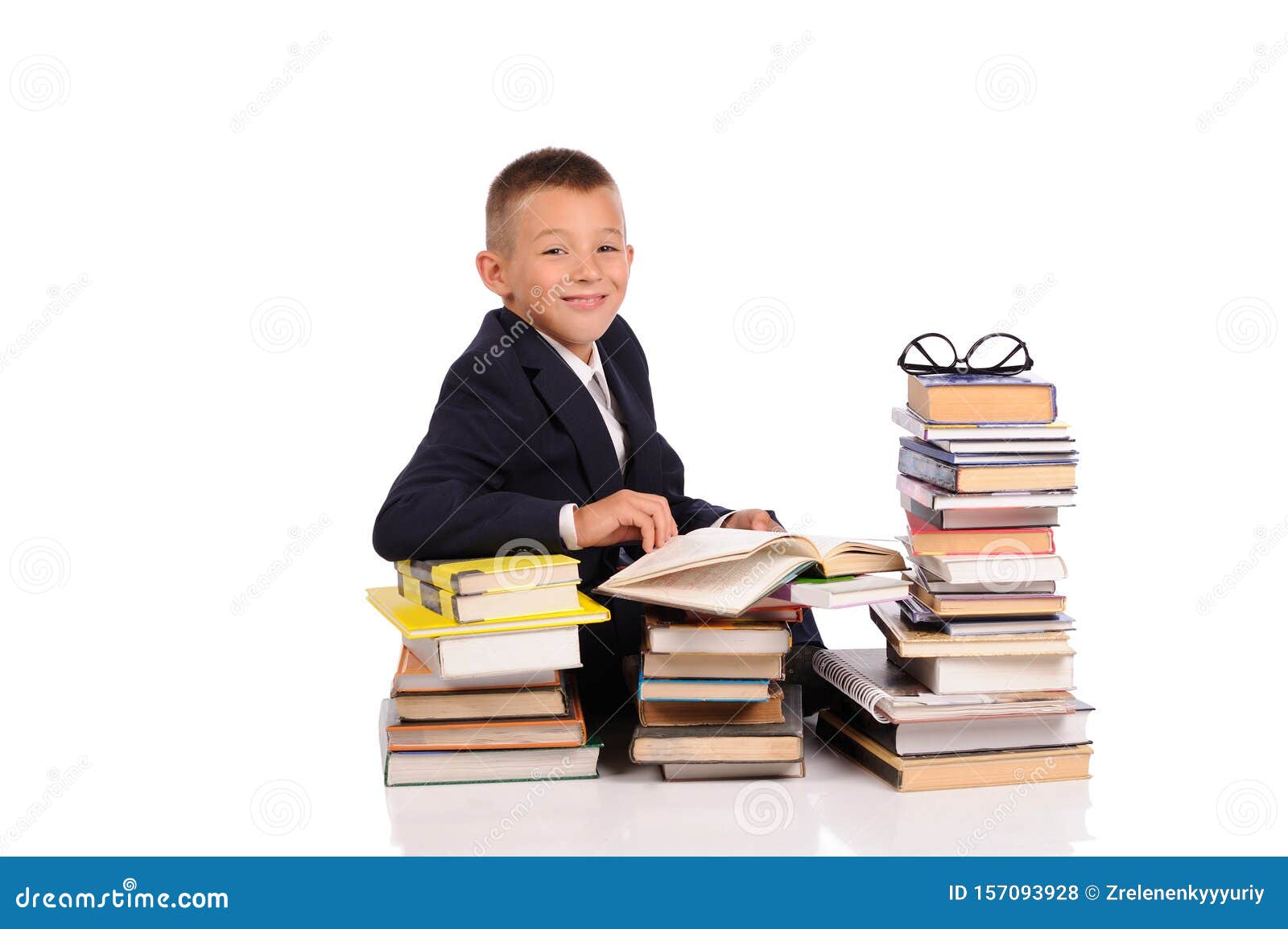 Schoolboy with Huge Stack of Books Stock Photo - Image of hardcover ...
