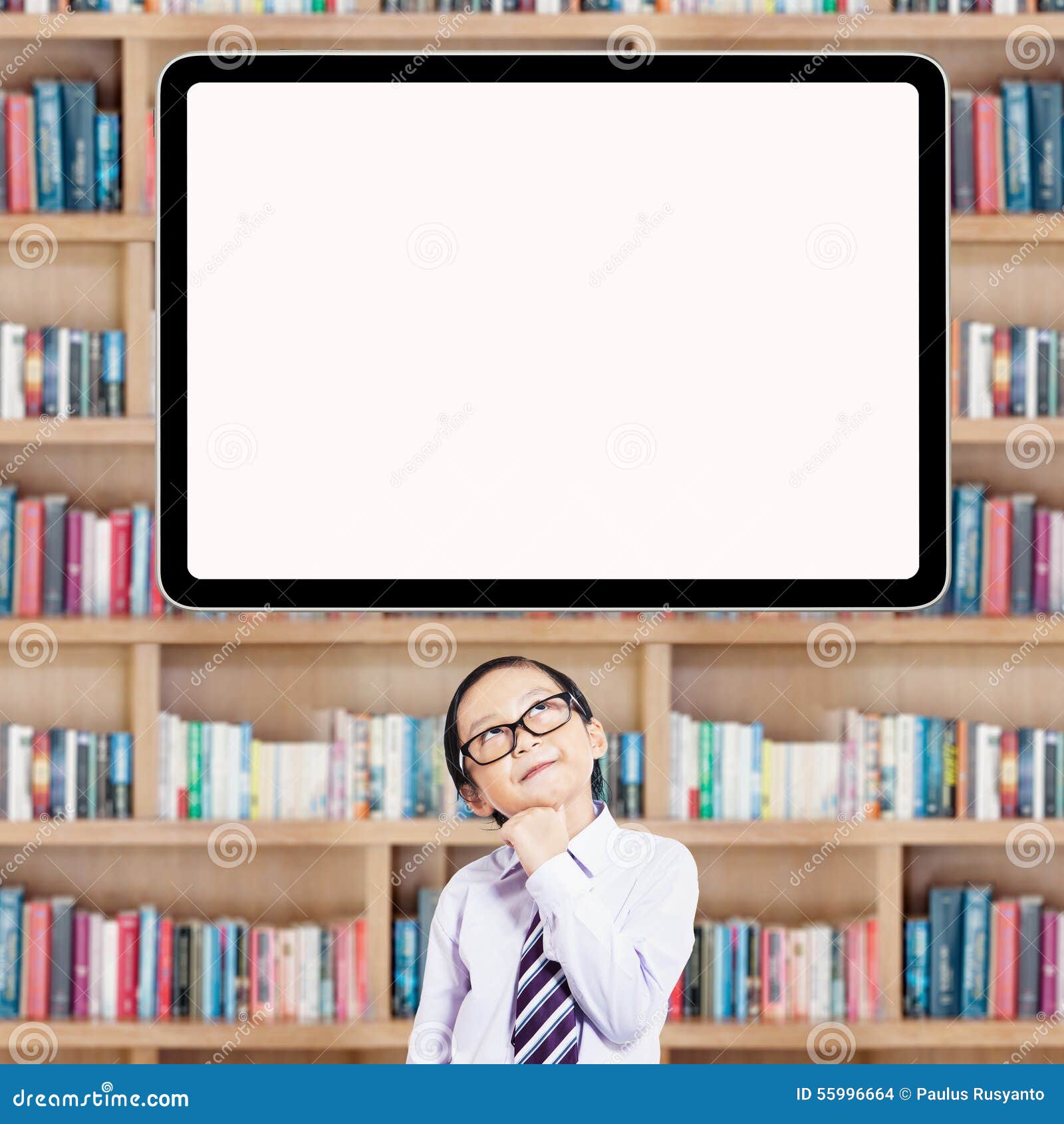 Schoolboy Imagine Something in Library Stock Photo - Image of child ...