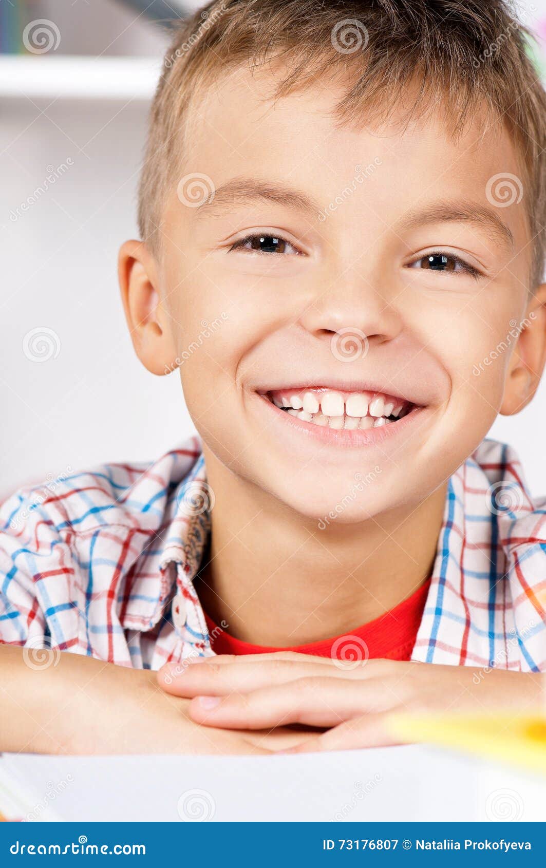 Schoolboy Boy Looking Through A Magnifying Glass, Enlarging His Eye On ...