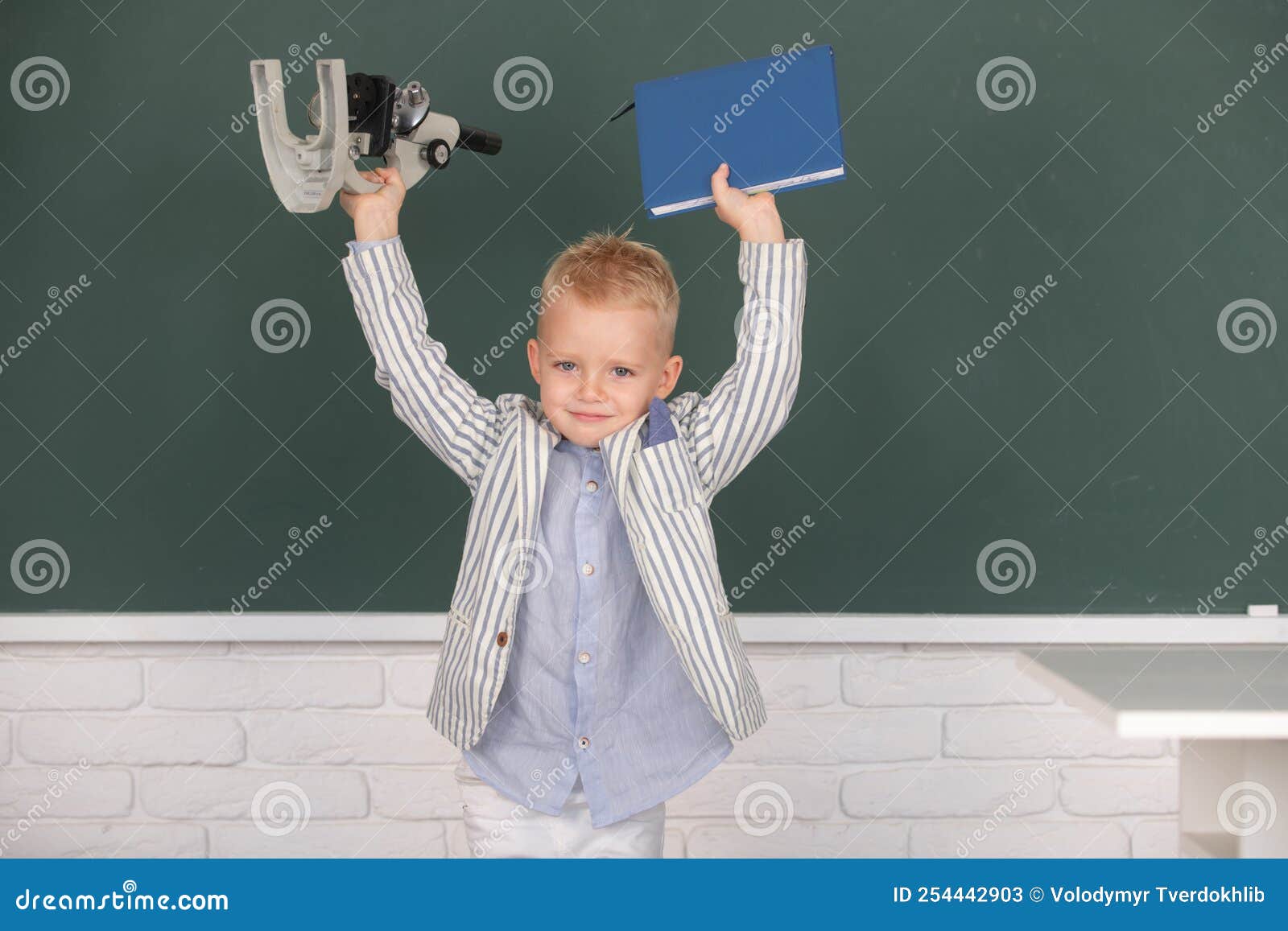 Schoolboy with Microscope and Book. School Boy Studying Math on Lesson ...