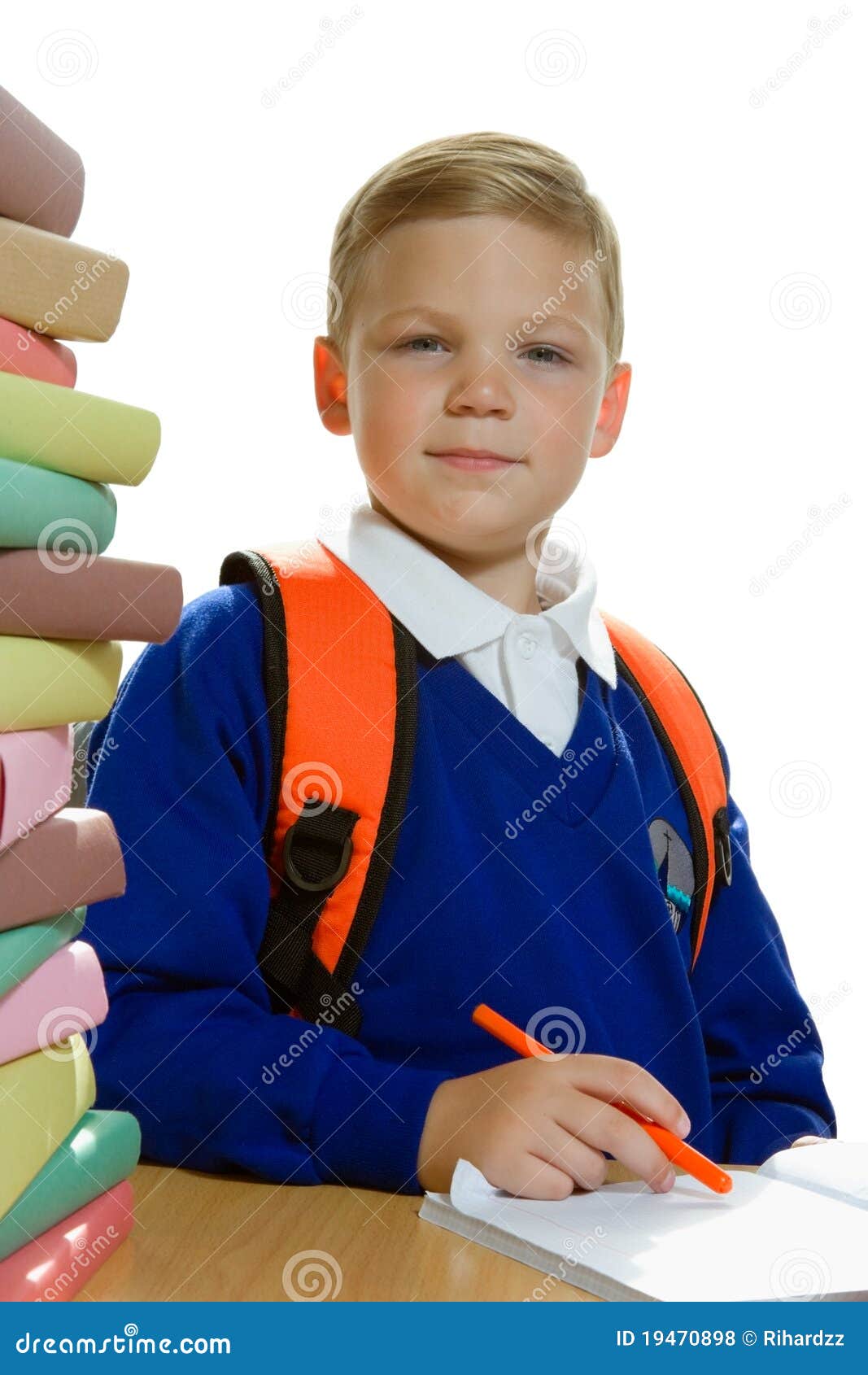 Schoolboy with Pen and Notebook Stock Photo - Image of looking ...