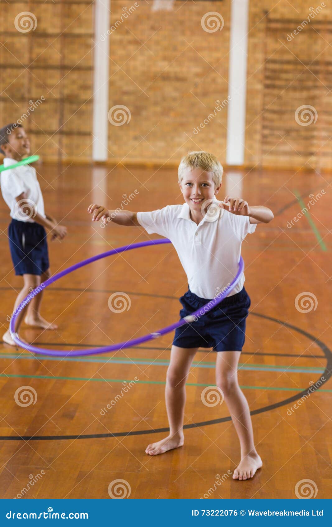 Schoolboy Playing with Hula Hoop in School Gym Stock Photo - Image of ...