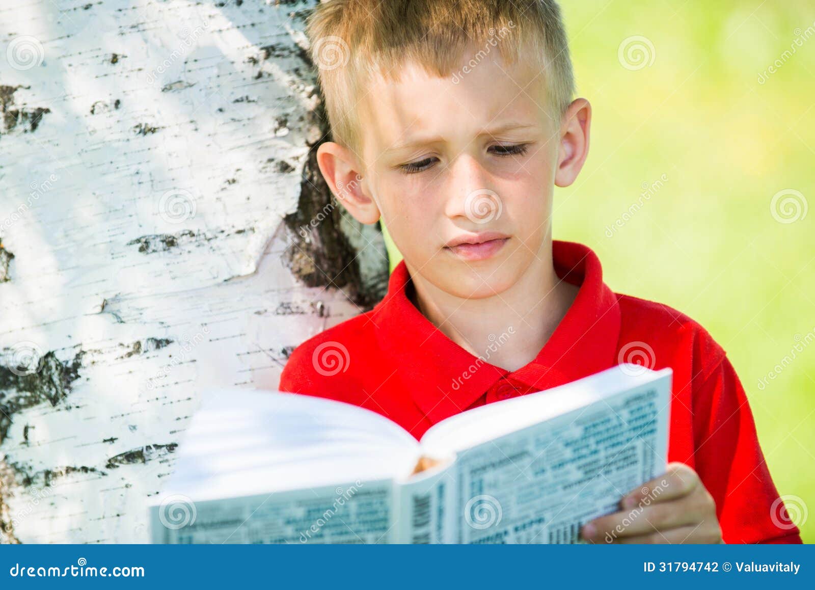 Schoolboy Reading the Book at Nature Stock Photo - Image of schoolboy ...