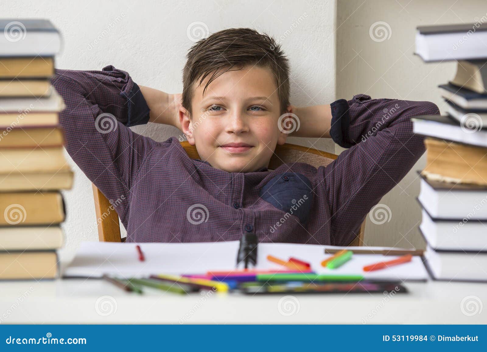 Schoolboy Resting during Homework Time. Relax. Stock Photo - Image of ...