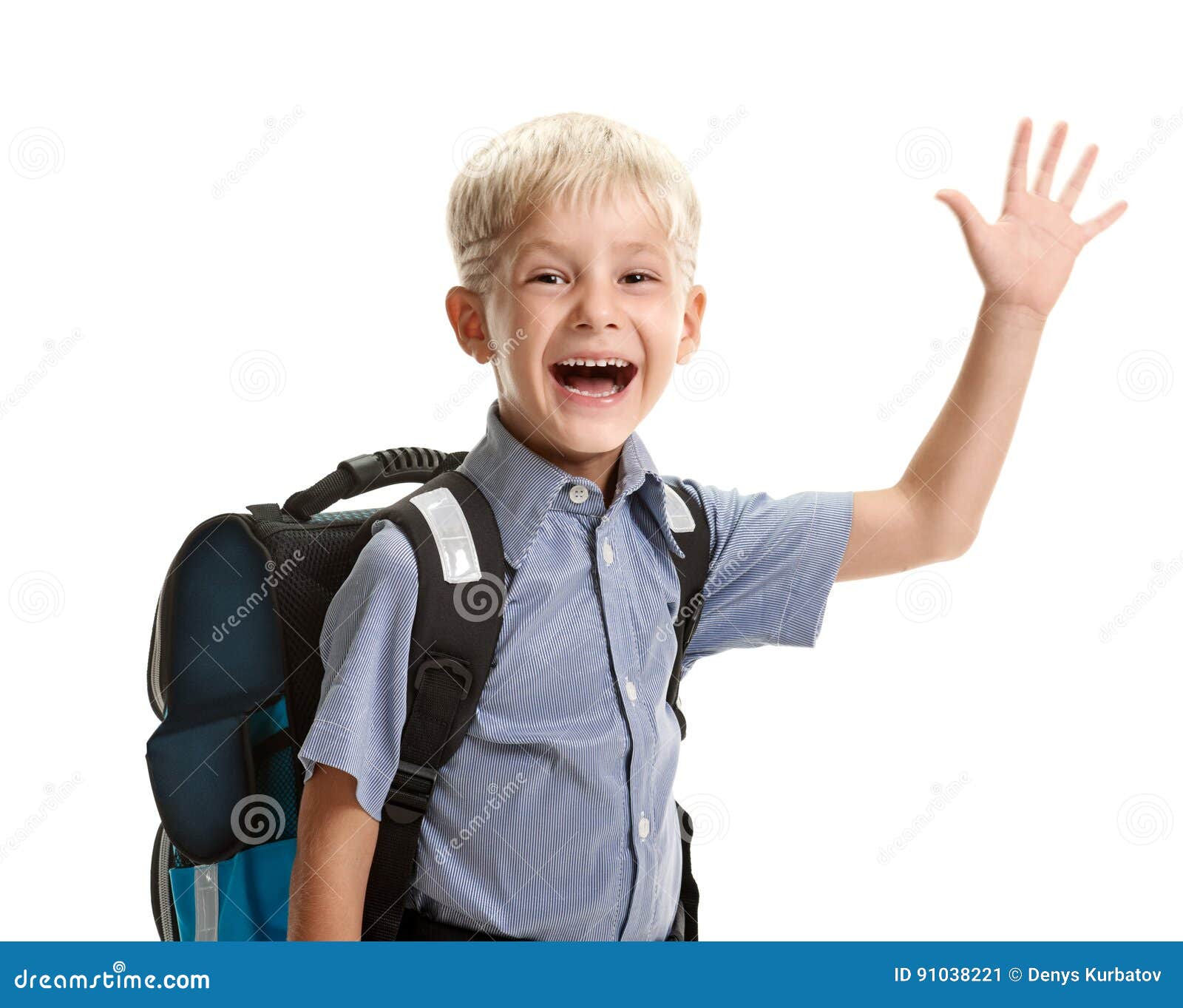 Schoolboy saying hello stock image. Image of portrait - 91038221