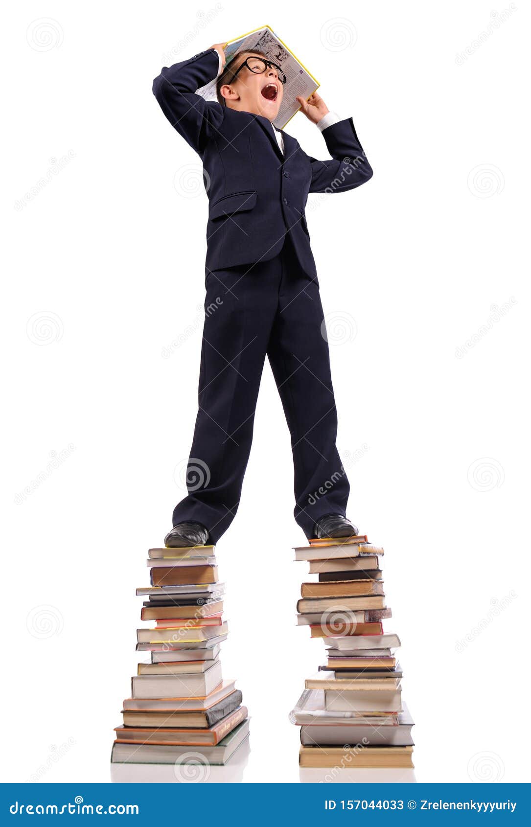 Schoolboy Screaming on the Huge Stack of Books Stock Image - Image of ...