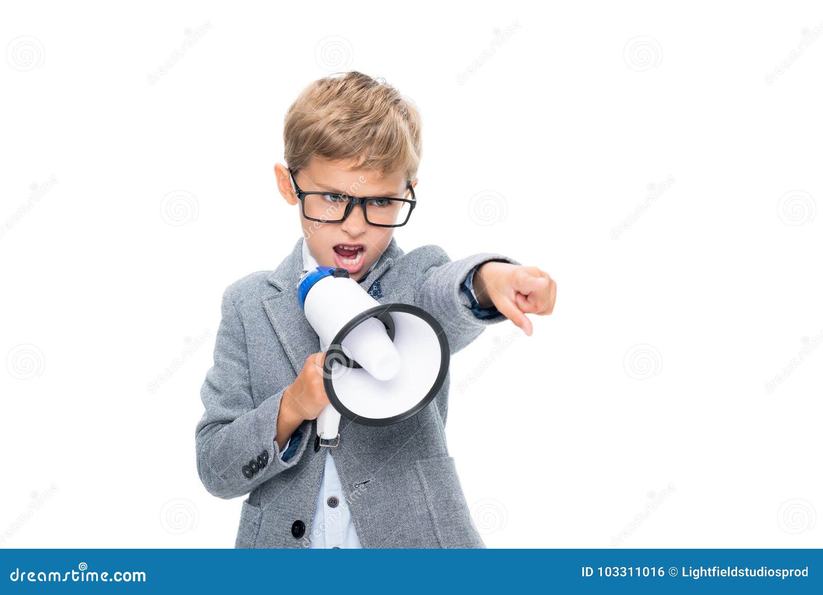Schoolboy Shouting in Loudspeaker Stock Photo - Image of expression ...