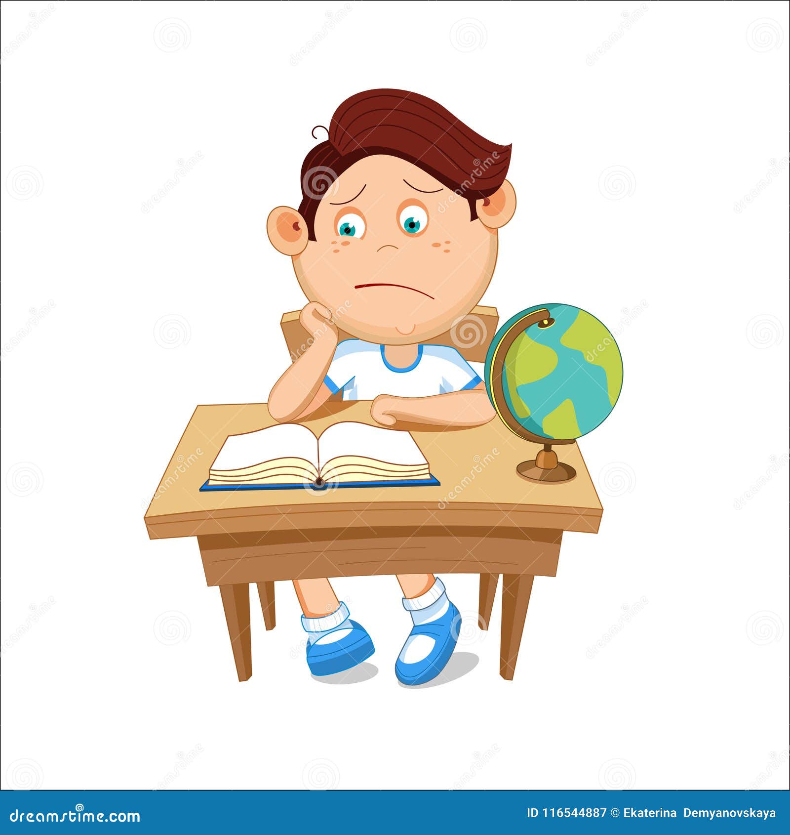 The Schoolboy Sits At The Table And Writes In A Notebook. Vector ... The Schoolboy Sits At The Table And Writes In A Notebook. Vector ...
