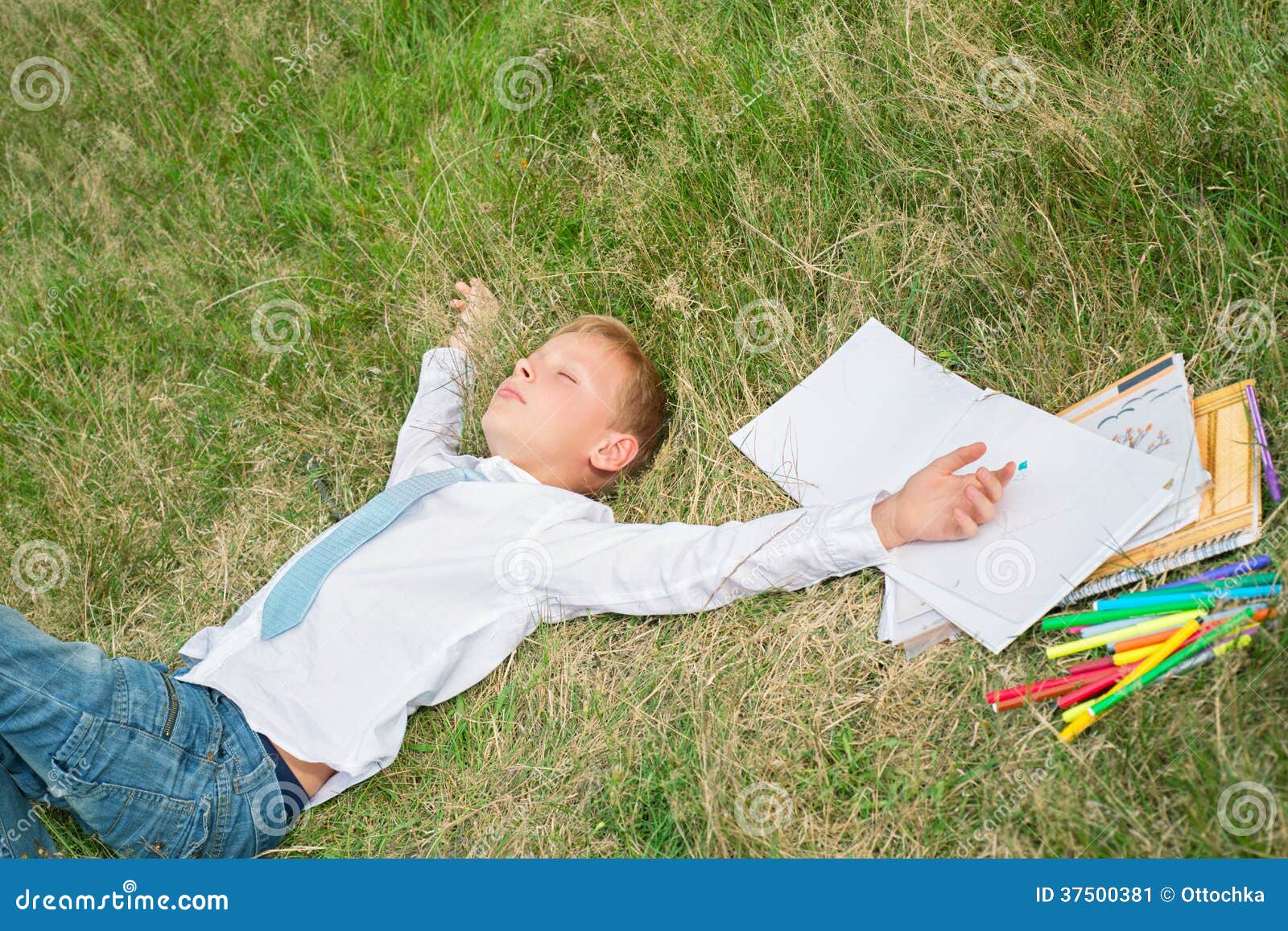 Schoolboy Sleeping on the Grass Stock Image - Image of write, fainting ...