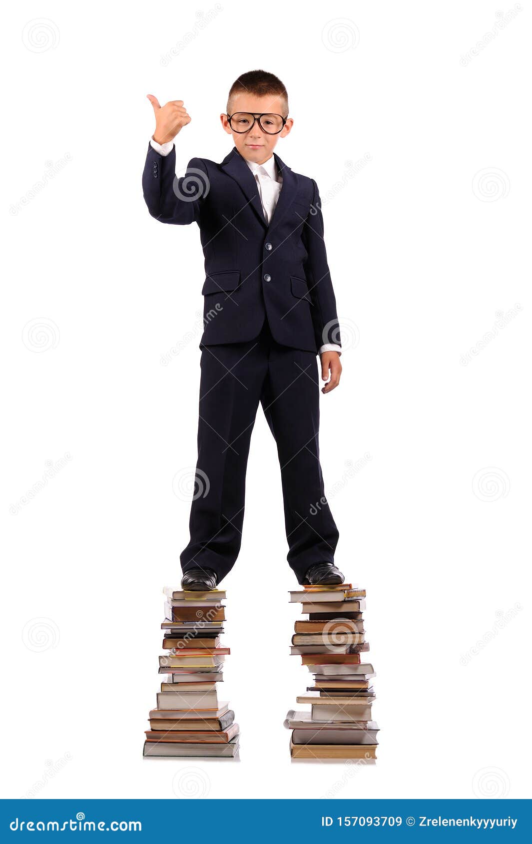 Schoolboy Standing on the Huge Stack of Books Stock Image - Image of ...