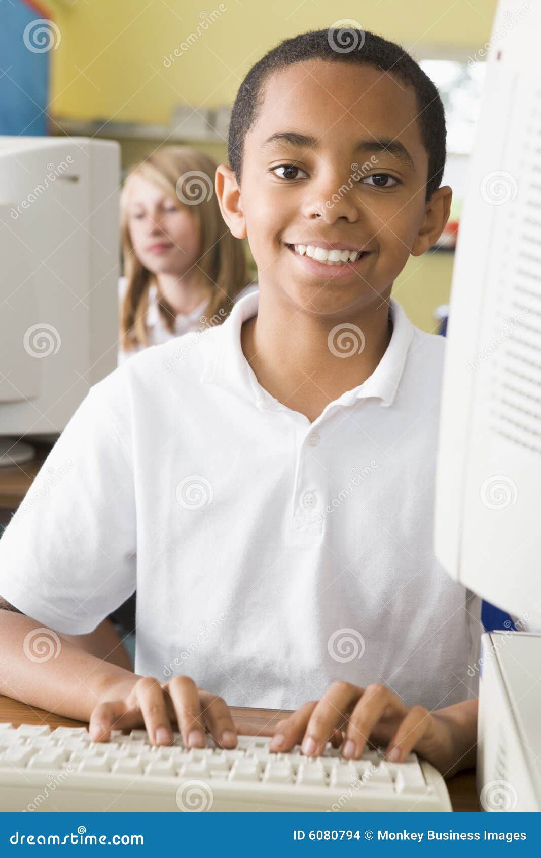Schoolboy Studying in Front of a School Computer Stock Photo - Image of ...