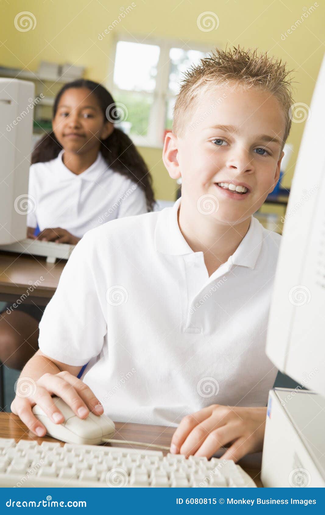 Schoolboy Studying in Front of a School Computer Stock Image - Image of ...