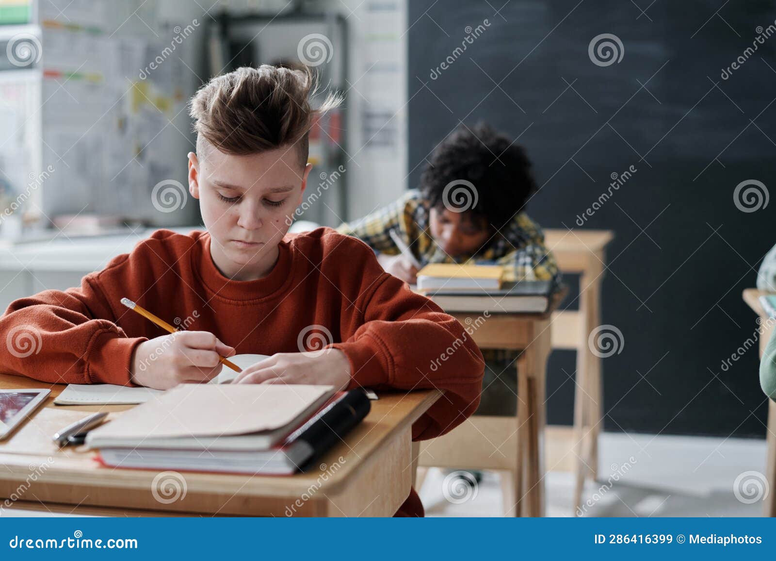 Schoolboy Studying at Lesson at School Stock Image - Image of study ...