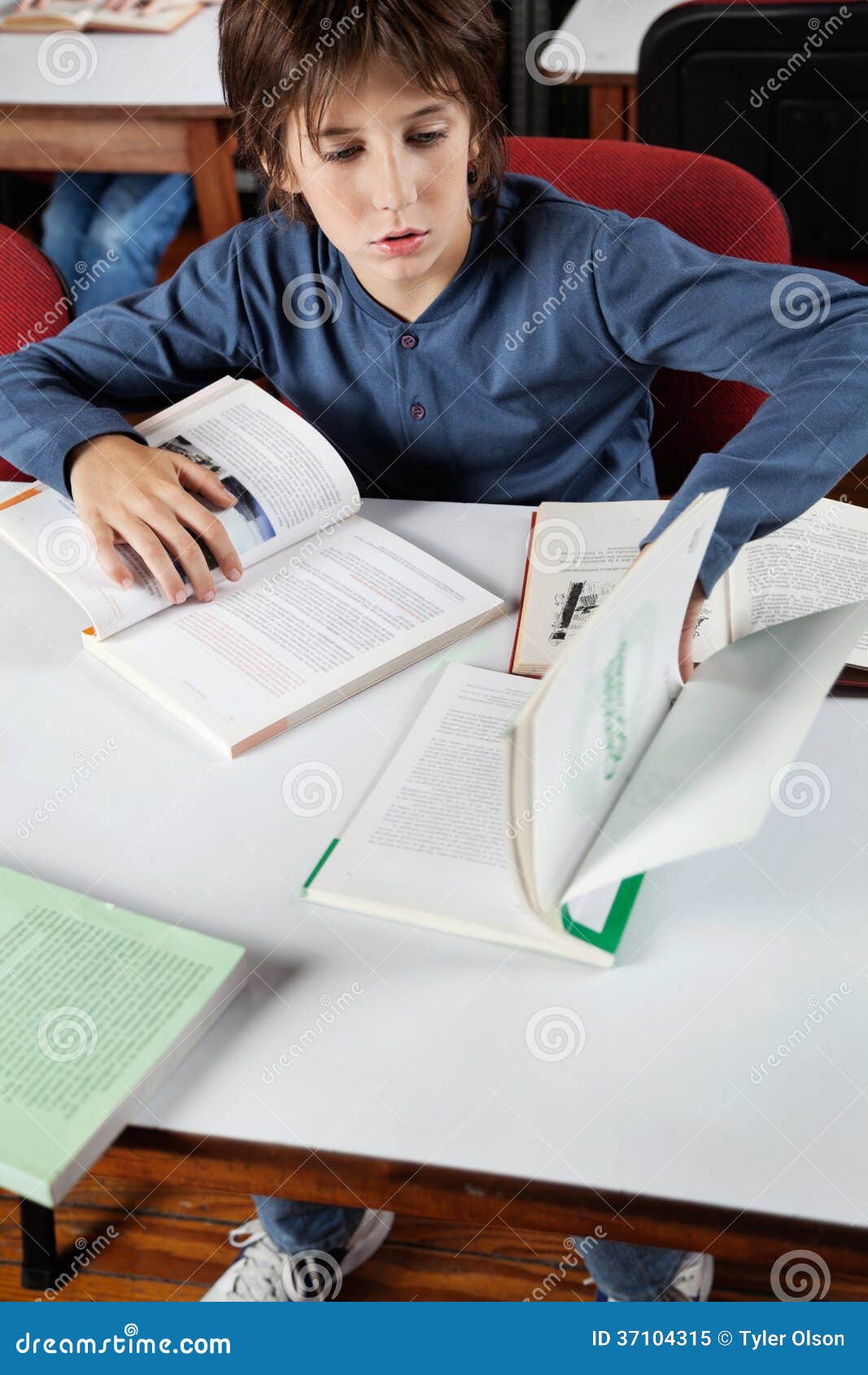 Schoolboy Studying in Library Stock Image - Image of cute, elementary ...