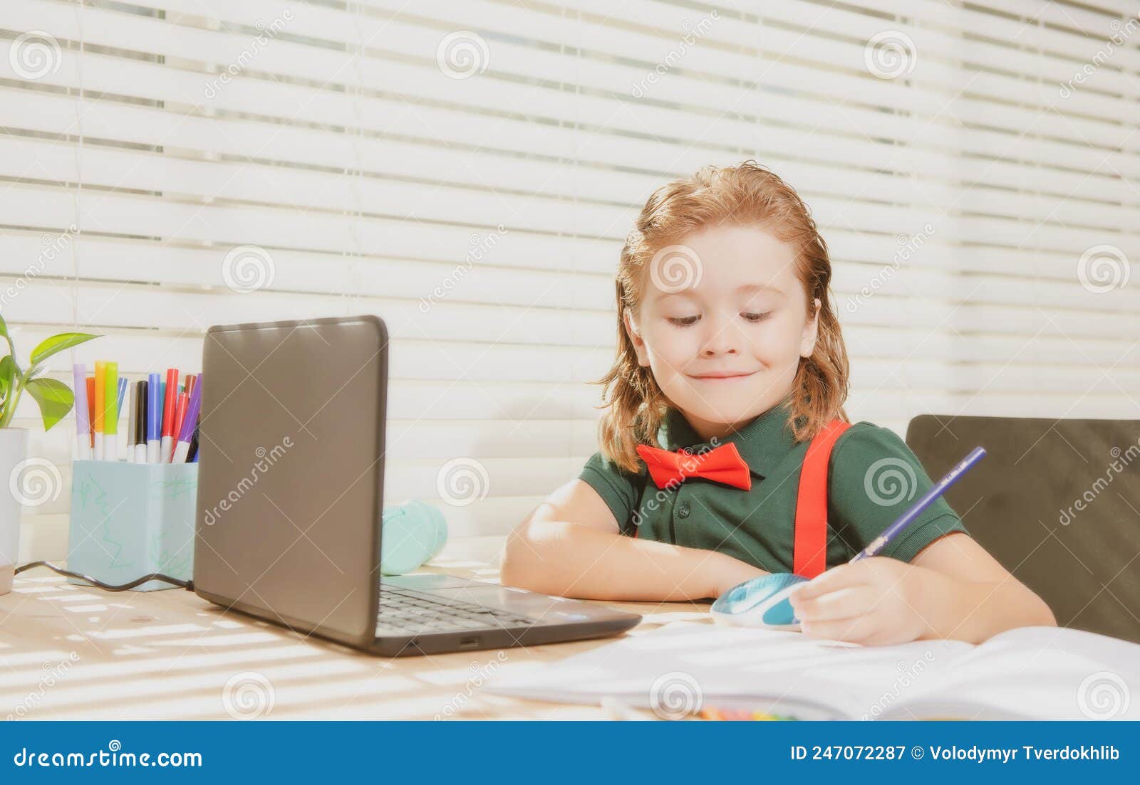 Schoolboy Studying and Using Computer Laptop and Writing on Notebook ...