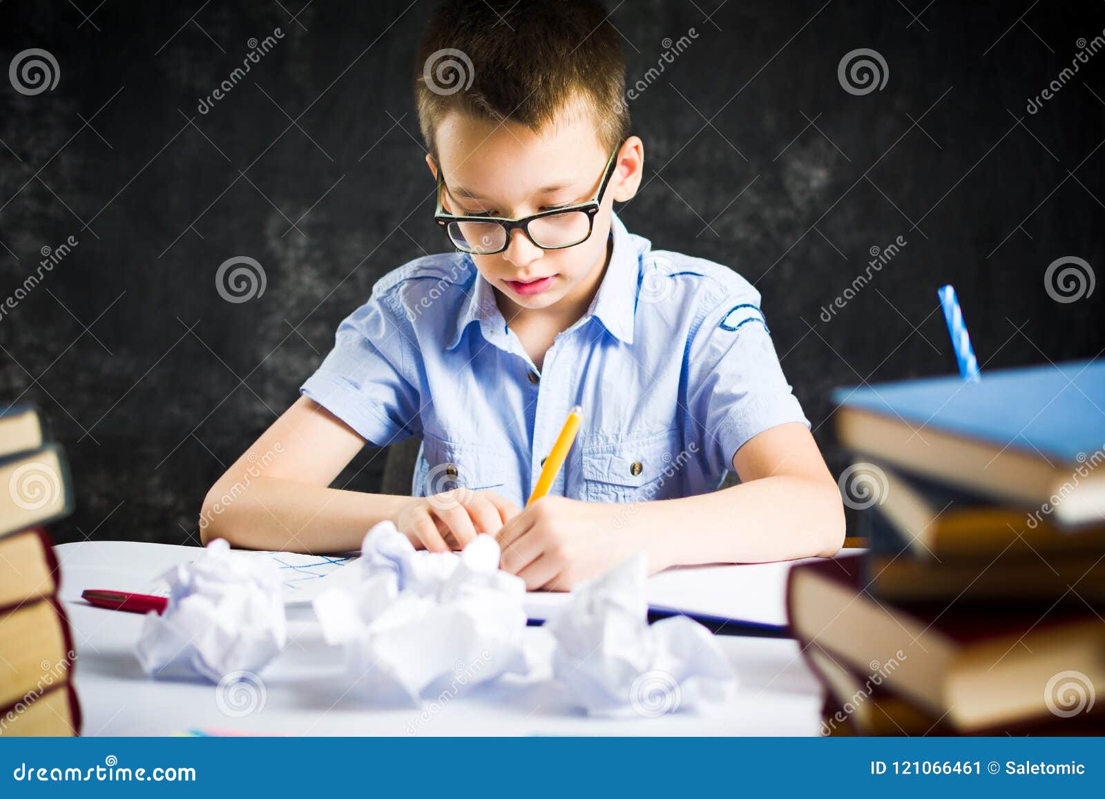 Schoolboy Finishing Homework at Home Stock Image - Image of problem ...