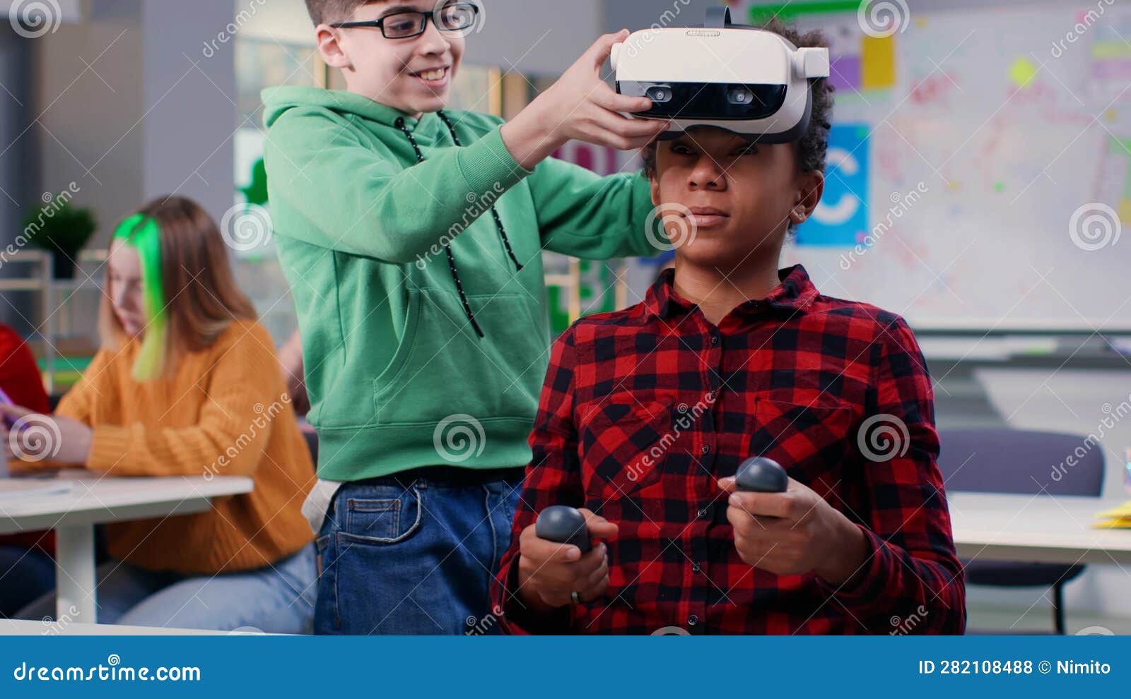 Schoolboy Take Off Vr Headset from Classmate& X27;s Head and Laughing ...