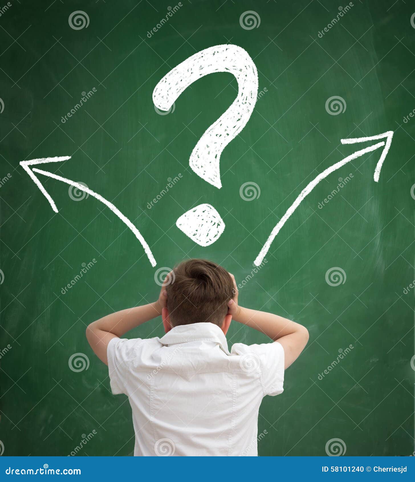 Schoolboy Thinking with Question Marks Overhead Stock Photo - Image of ...