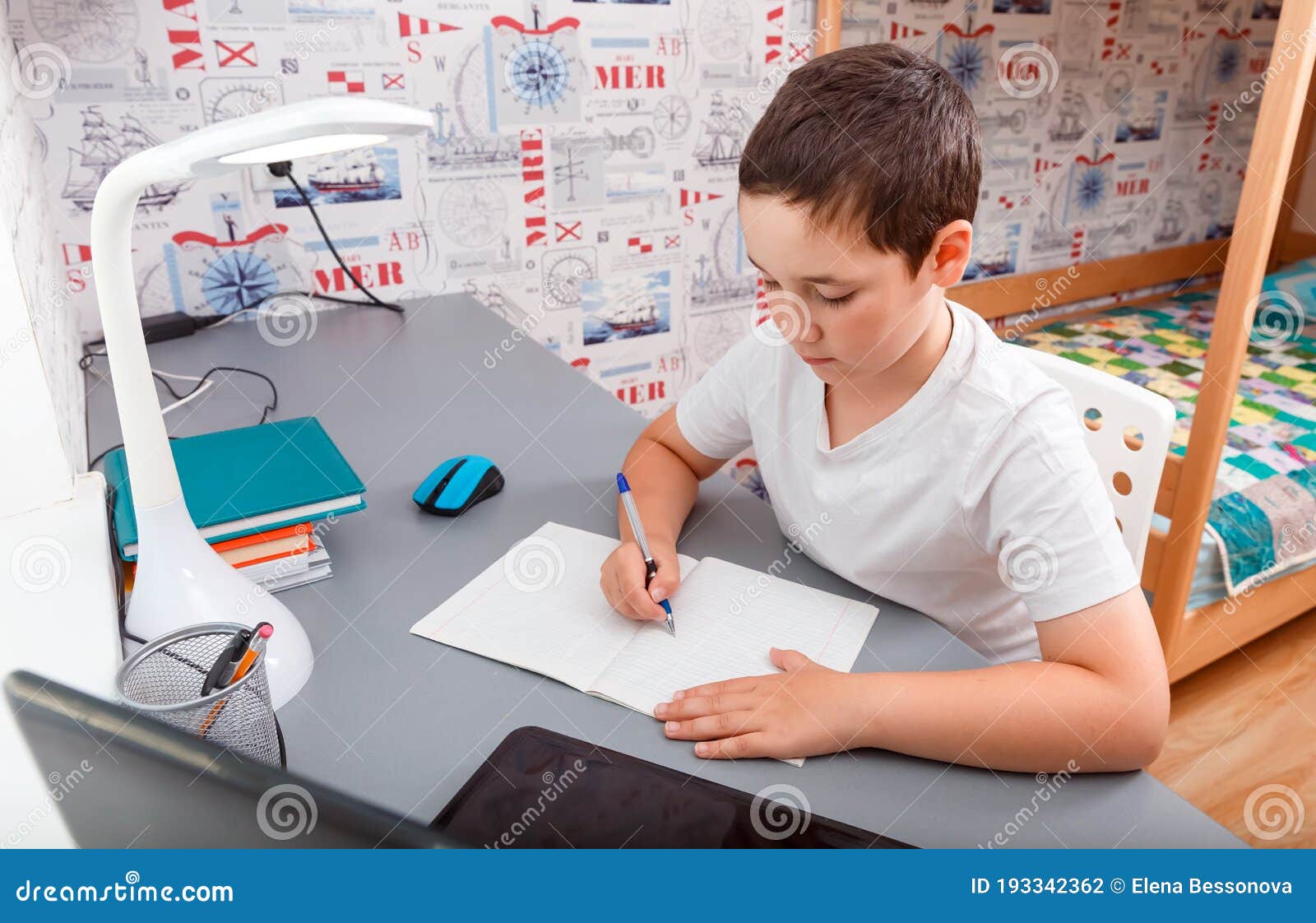 Schoolboy Using Desktop Computer for Online Study Homeschooling Stock ...